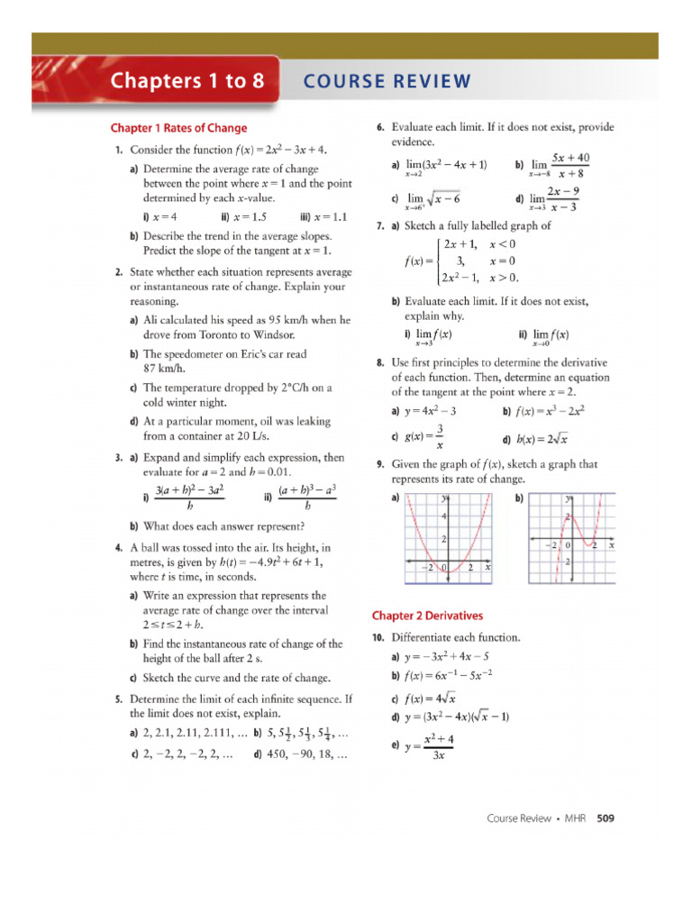 Calculus and Vectors 12 - Chapter 1 To 8 Course Review | PDF