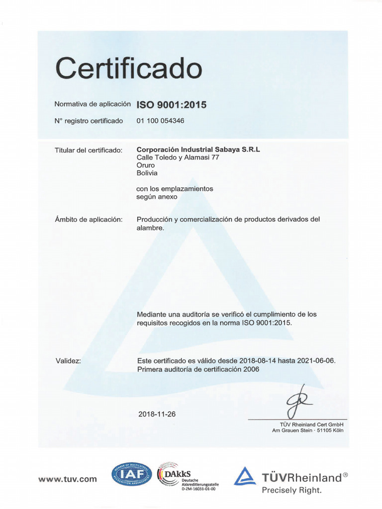 Certificado de Calidad Iso 9001 - 2015 | PDF