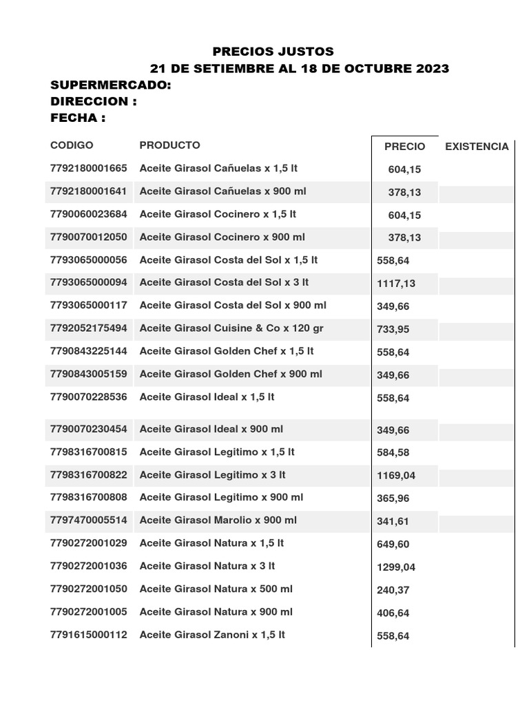 Precios Justos Aceites y Alimentos 2023 | PDF | Refresco | Preparación ...