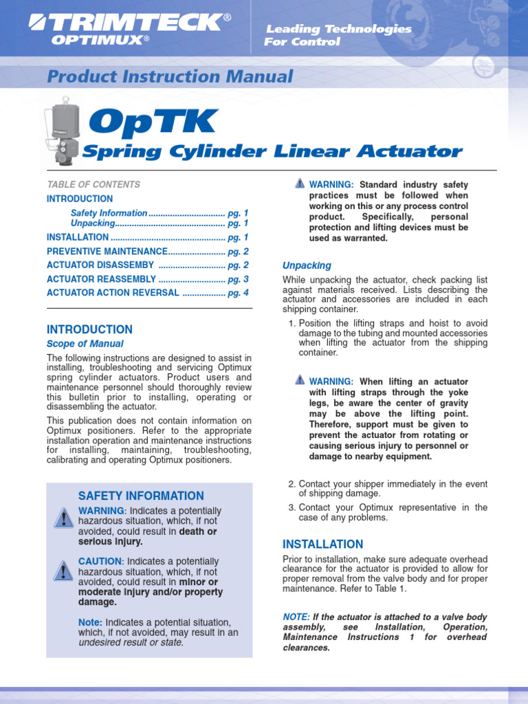 Optimux OpTK Linear Product Instruction Manual | PDF | Valve | Actuator