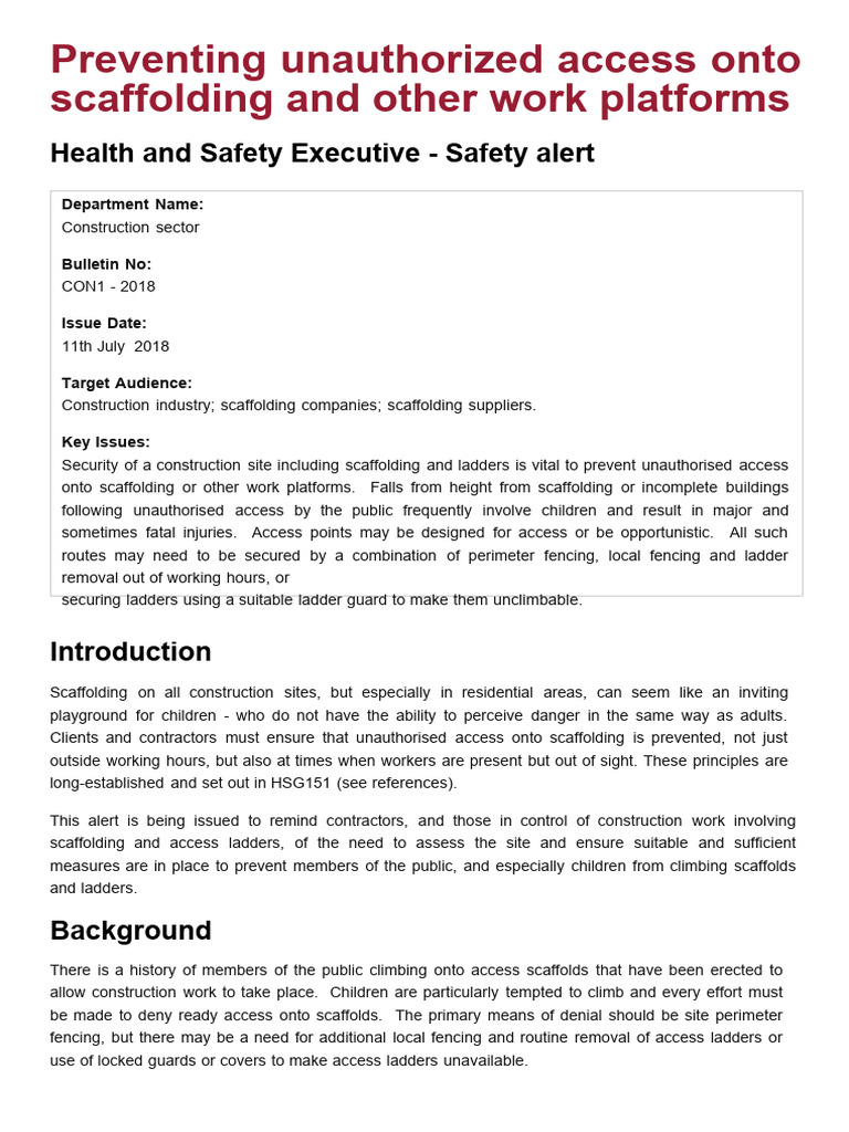 HSE Safety Alert - Preventing Unauthorised Access Onto Scaffolding and ...