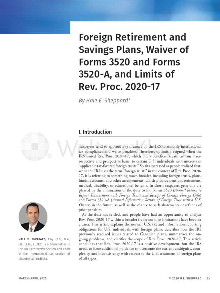 Foreign Retirement Plans Forms 3520 Forms 3520-A and Rev. Proc. 2020-17 ...