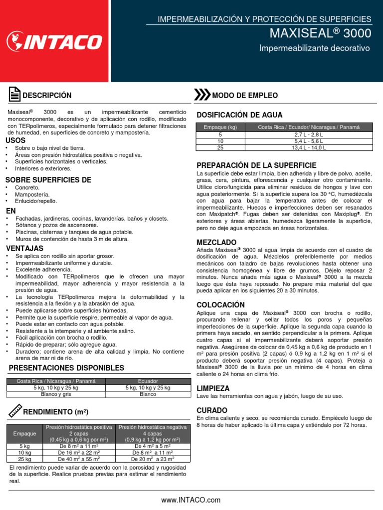 FT Maxiseal 3000 | PDF | Agua | Hormigón