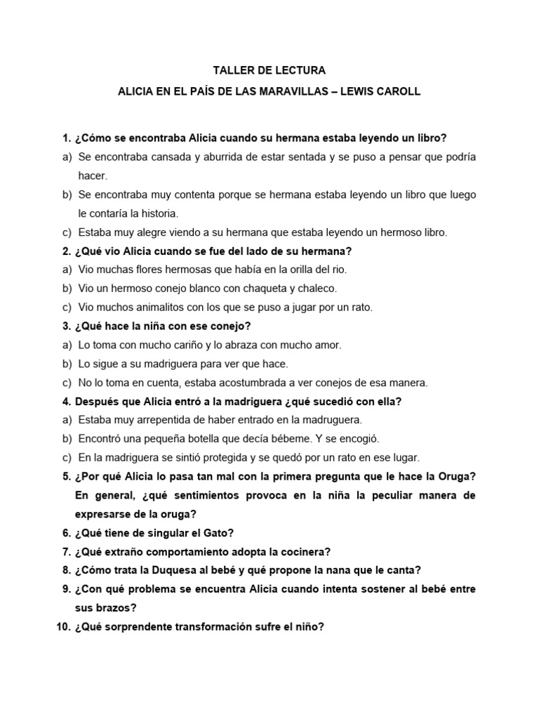 Actividades del Taller de Alicia | PDF | Las aventuras de Alicia en el ...
