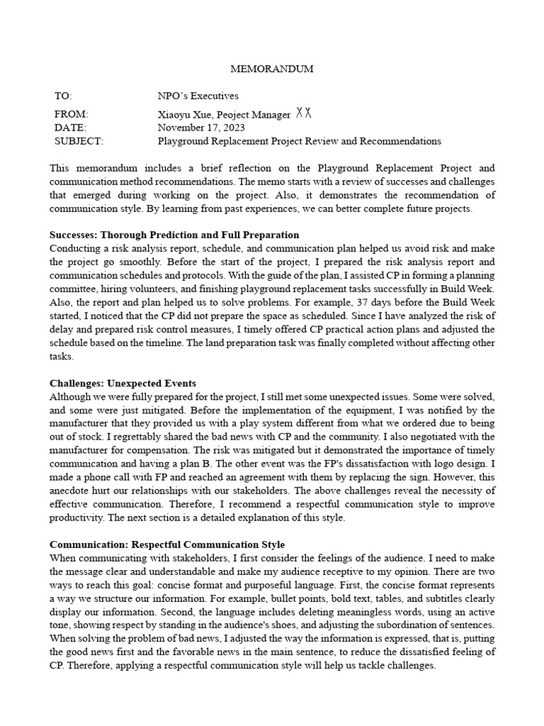 Memo of Project Review | PDF | Memorandum | Communication