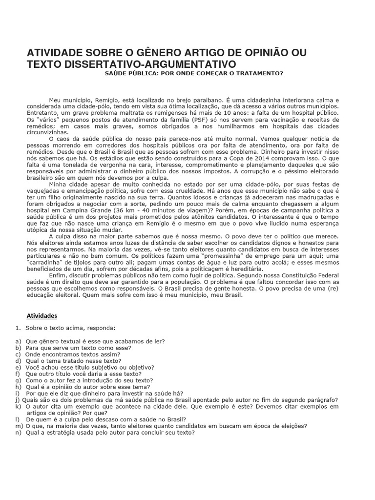 Atividade Artigo de Opinião COM GABARITO | PDF | Autor | Brasil