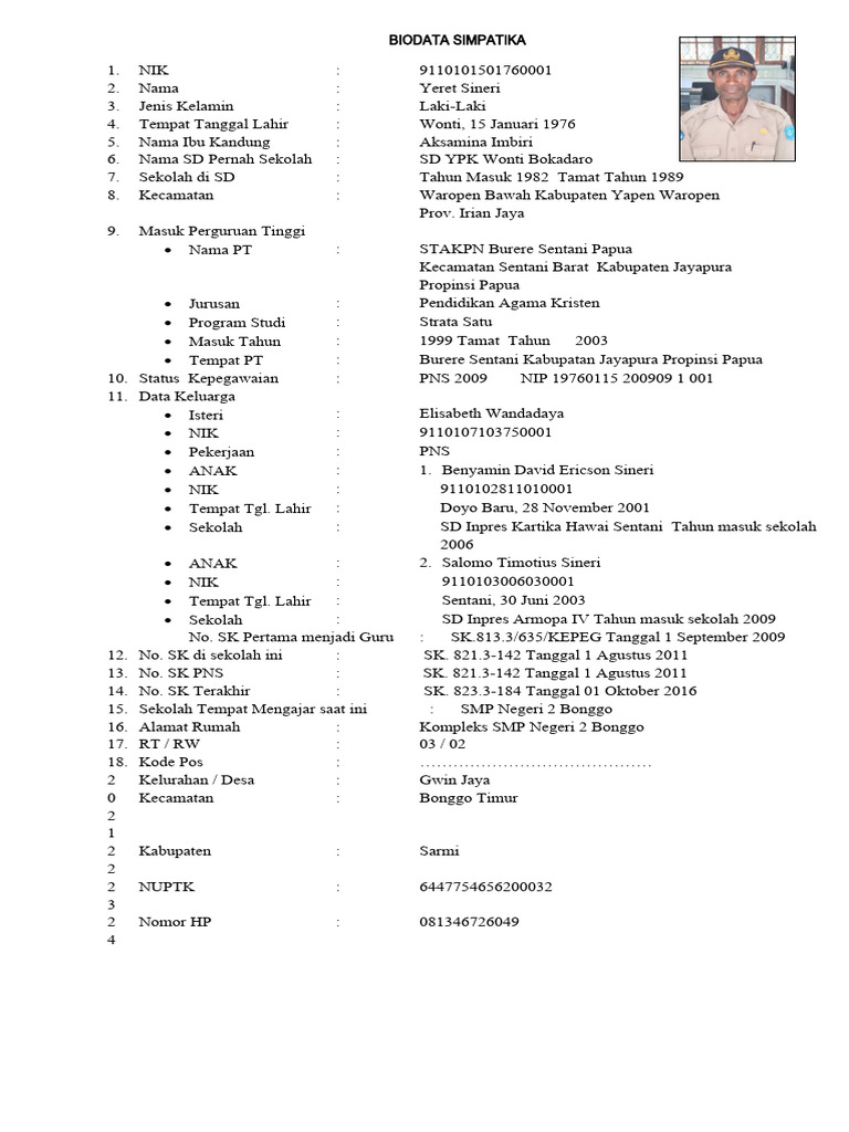 BIODATA SIMPATIKA (Yeret Sineri) | PDF