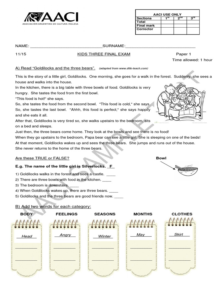 Goldilocks Comprehension Worksheet | PDF | Goldilocks And The Three Bears