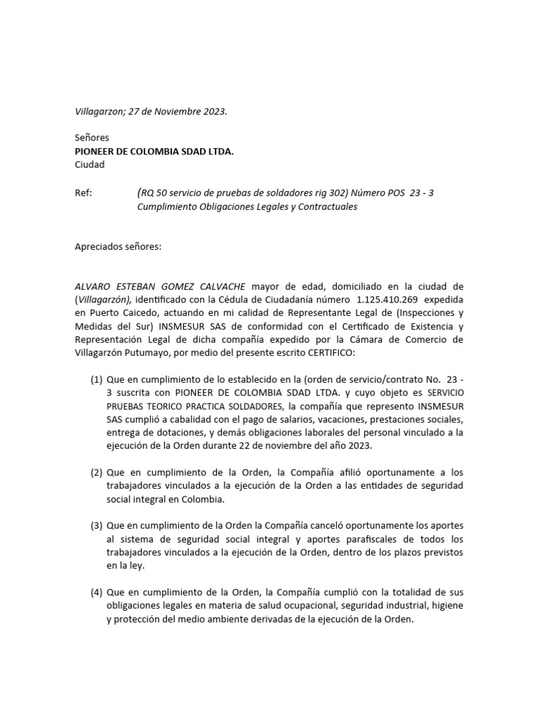 Carta de Cumplimiento de Obligaciones | PDF | Justicia | Crimen y violencia