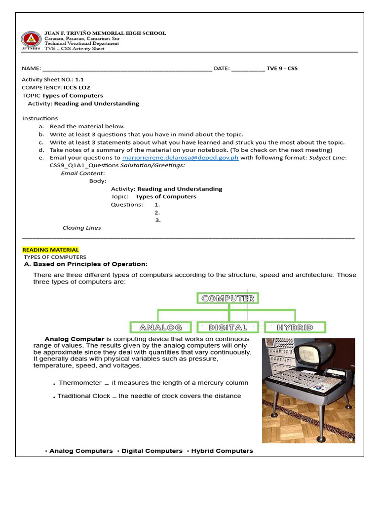 Activity Sheet 1.1 - Types of Computer | PDF | Personal Digital ...