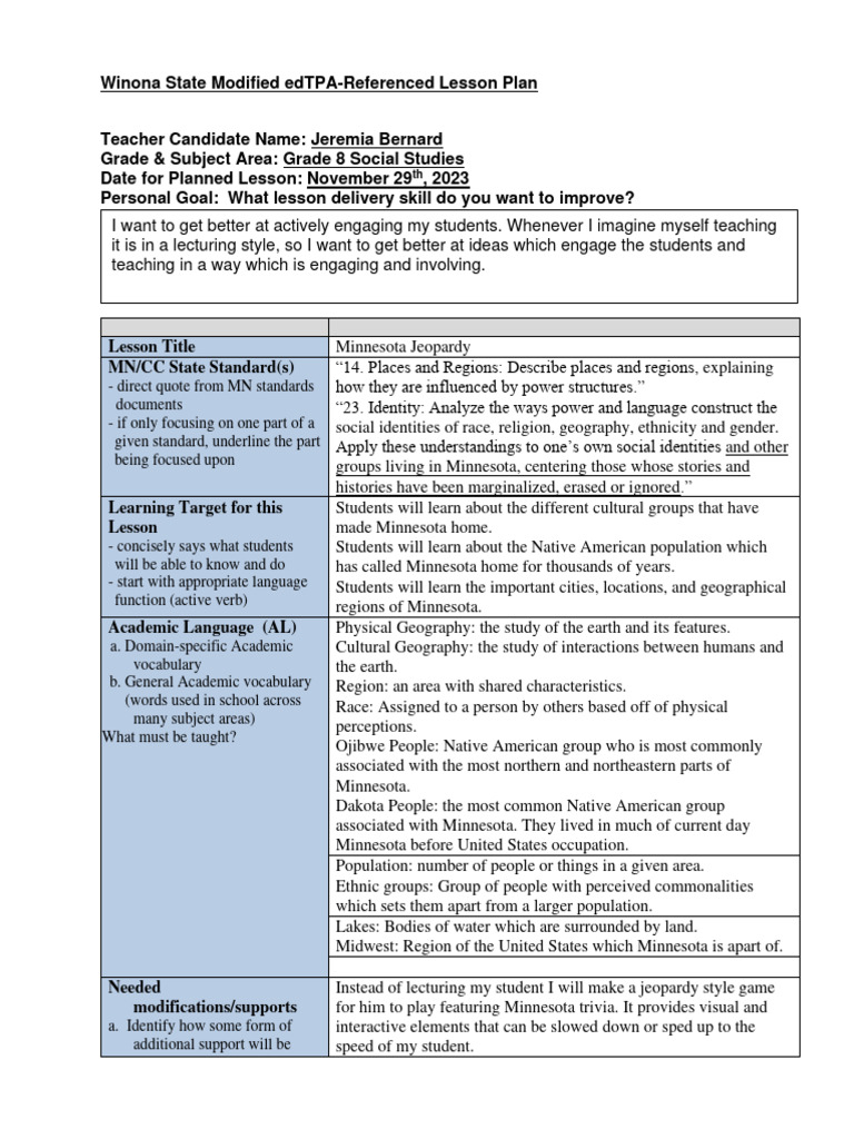 Edfd 460 461 Modified Edtpa Lesson Plan Template1 | PDF | Geography | Learning