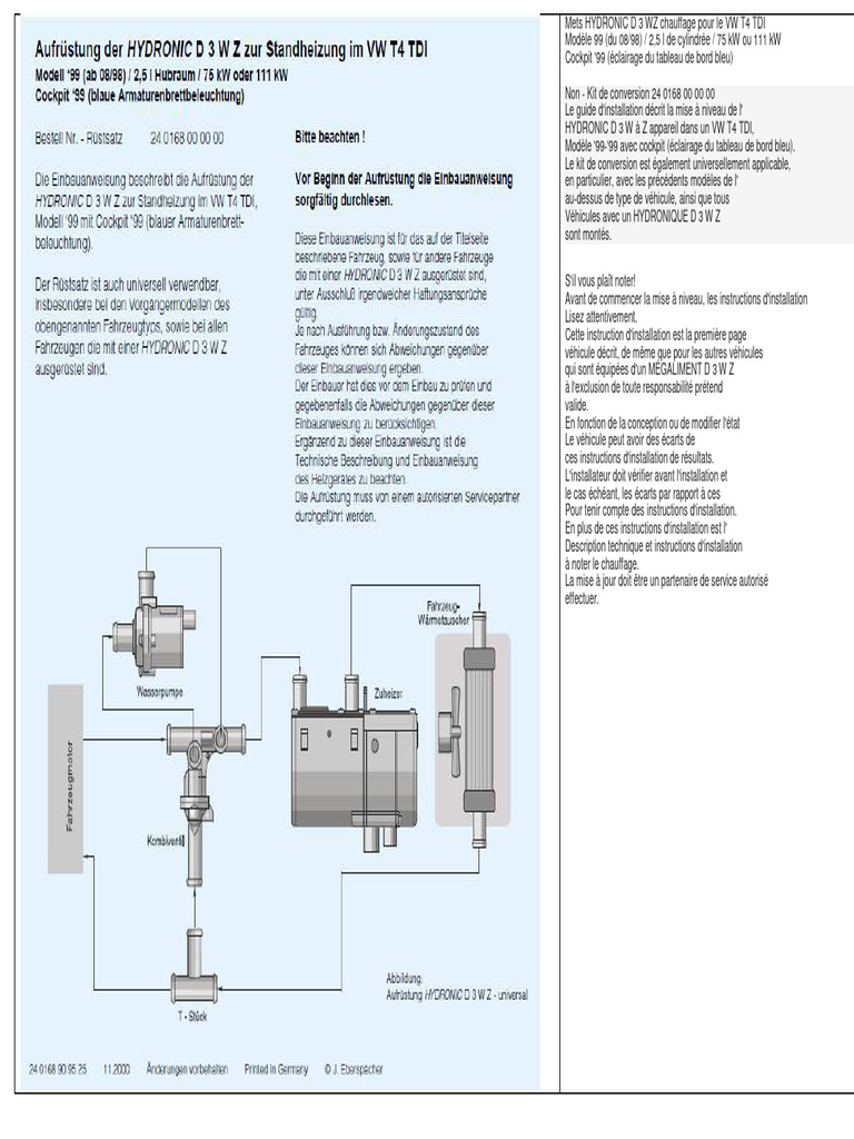 Installation HYDRONIC D 3 WZ VW T4 TDI | PDF | Machine | Génie chimique