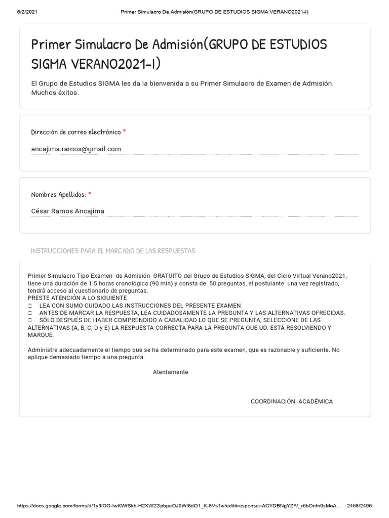 Primer Simulacro de Admisión (GRUPO de ESTUDIOS SIGMA VERANO2021-I) - Formularios de Google | PDF