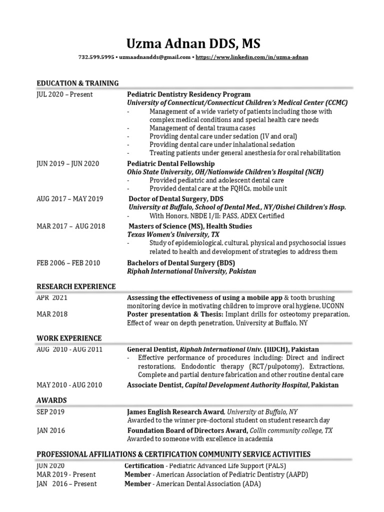 Uzma Resume 1 | PDF | Dentistry | Dental Degree