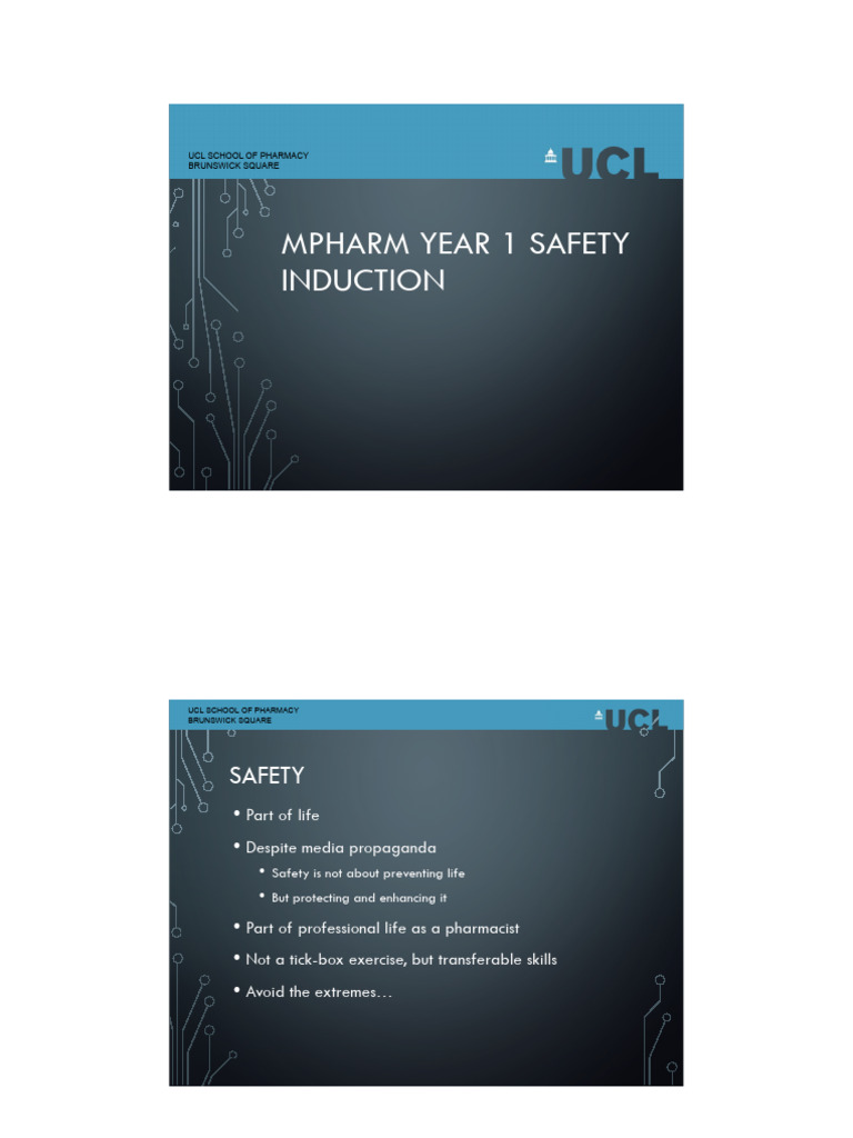 UCL Pharmacy Year 1 Safety Induction Guide | PDF | Laboratories | Pharmacy