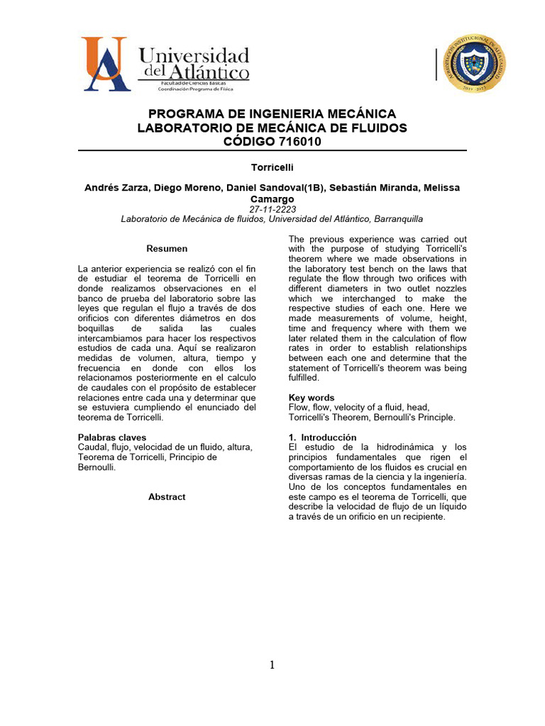Estudio del Teorema de Torricelli en Fluidos | PDF | Líquidos ...