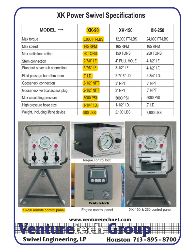 Venturetech XK 90 Power Swivel Spec Sheet | PDF