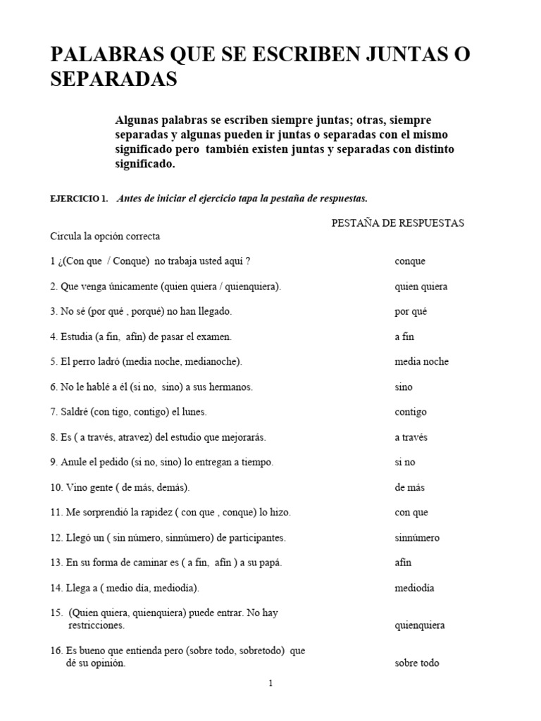 Palabras Juntas y Separadas: Ejercicios de Ortografía | PDF | orador ...
