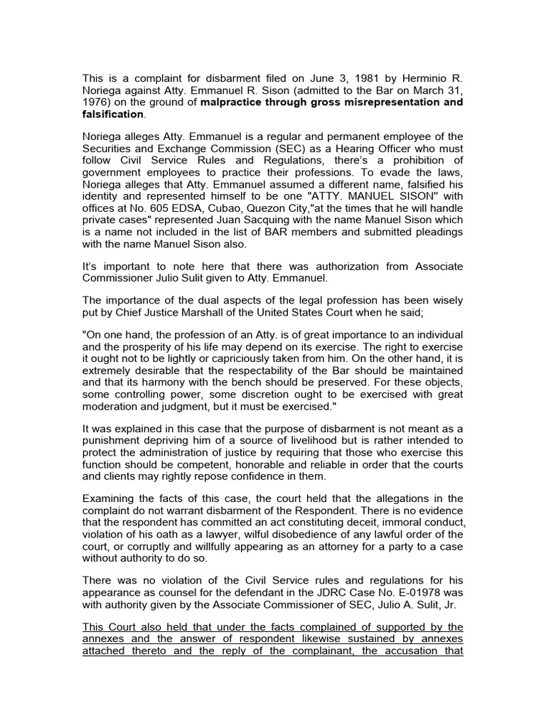 Noriega Vs Atty. Sison Case Digest, AM No. 2266, October 27, 1983 | PDF ...