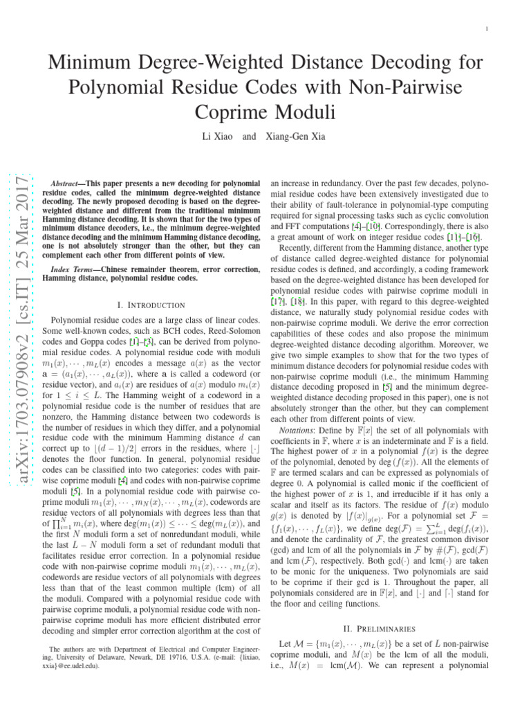 2017 - Minimum Degree-Weighted Distance Decoding For Polynomial Residue Codes With Non-Pairwise ...