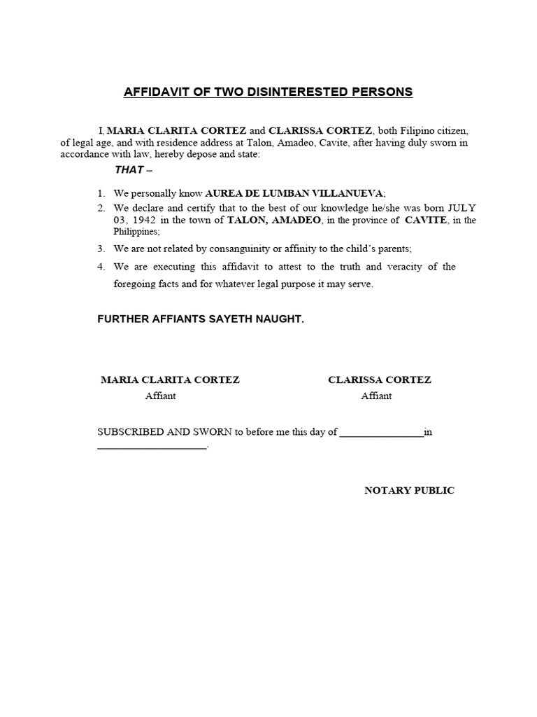 Affidavit of Two Disinterested Persons Idio | PDF | Affidavit | Judiciaries
