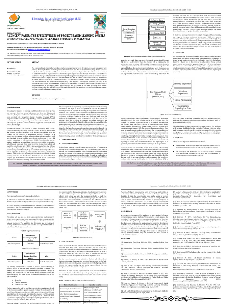 A Concept Paper - The Effectiveness of Project Based Learning On Self-Efficacy's Level Among ...