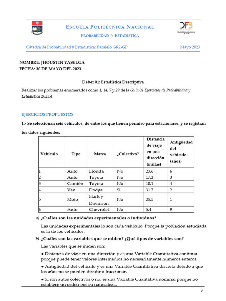Deber 01 Ejercicios de Probabilidad y Estadística 2023A | PDF | Estadísticas | Desviación Estándar