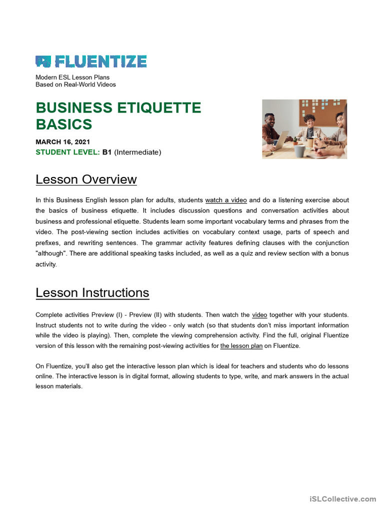 Business Basics Etiquette - ESL Lesson Plan | Download Free PDF | Lesson Plan | English As A ...