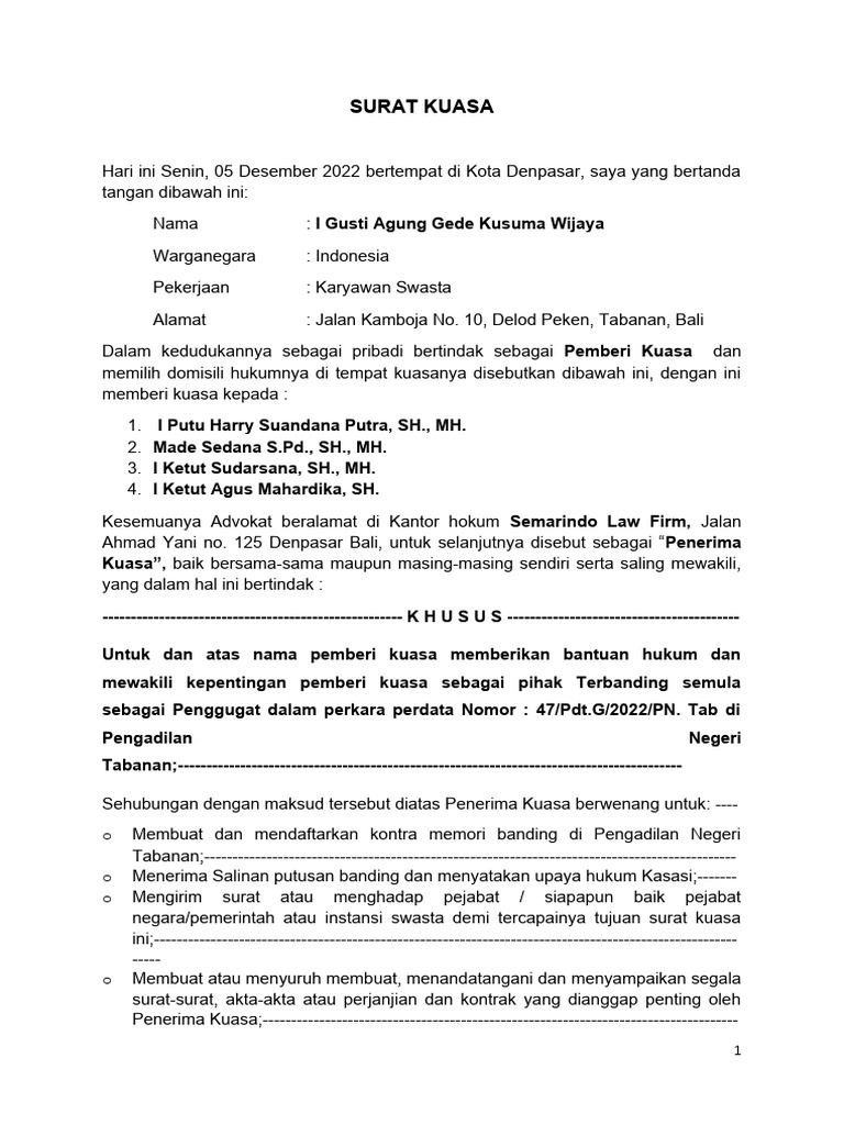 Surat Kuasa Banding Jero Kukuh Tabanan | PDF