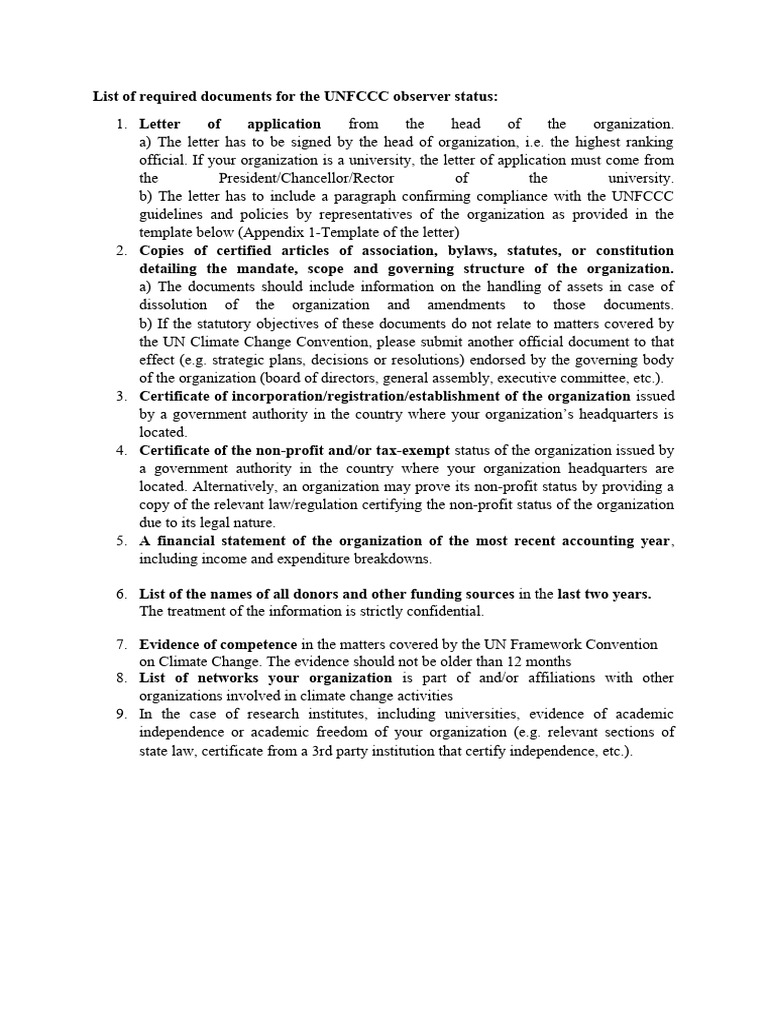 List Of Required Documents For The UNFCCC Observer Status PDF