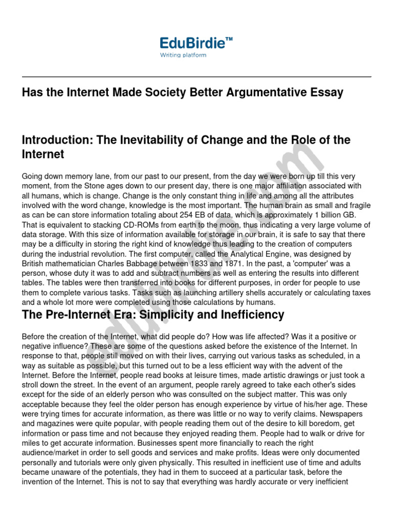 Has The Internet Made Society Better Argumentative Essay | PDF ...