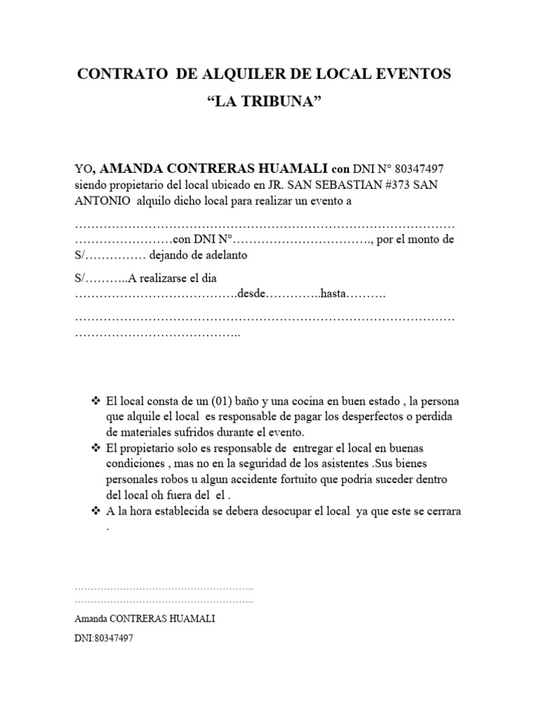 Contrato de Alquiler de Local Eventos | PDF