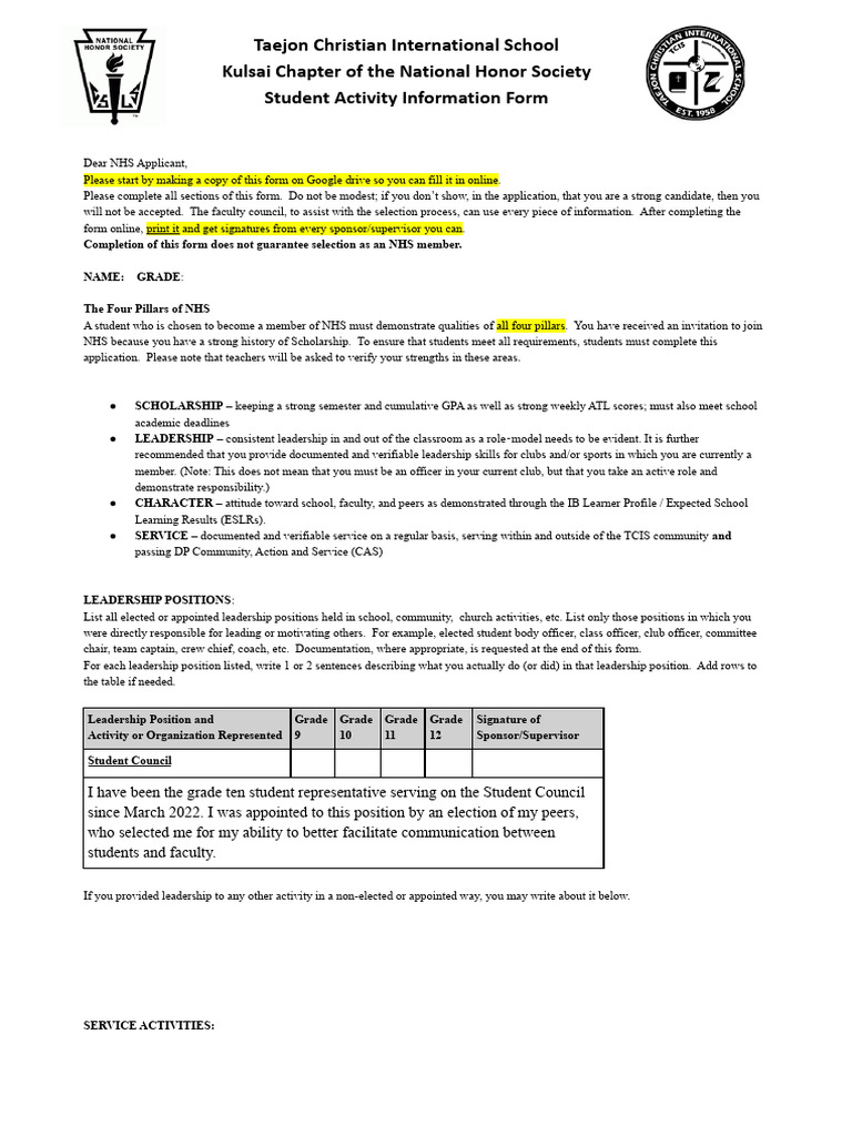 NHS Application Guidelines and Form | PDF | Learning