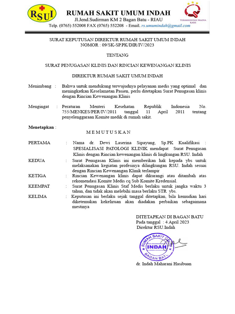 SURAT KEPUTUSAN Kredensial Dr. Dewi Laserina Sipayung, SP - PK | PDF