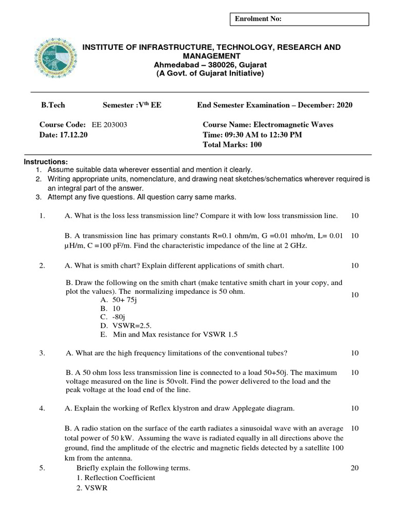 Electromagnetic Waves (EE 203003) - BT - End Sem - V - Dec. 20 | PDF | Transmission Line ...