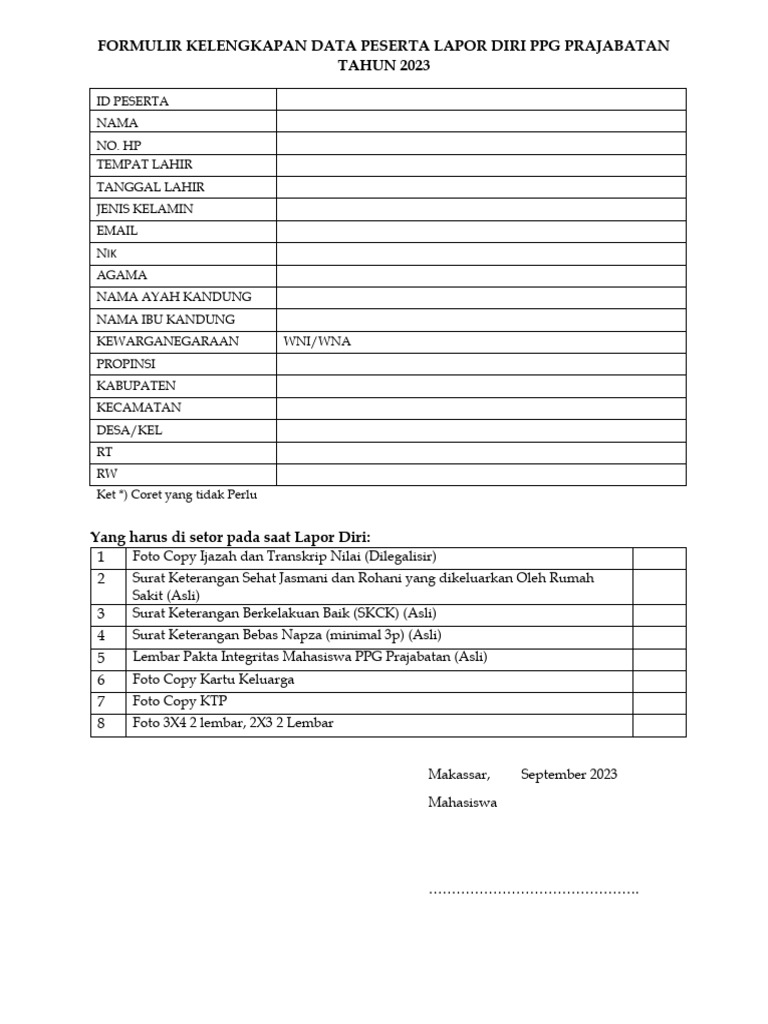 Formulir Kelengkapan Data Peserta Lapor Diri PPG Prajabatan Tahun 2023 ...