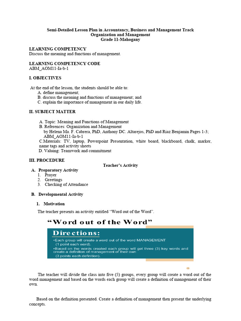 Semi-Detailed Lesson Plan in Accountancy, Business and Management Track ...