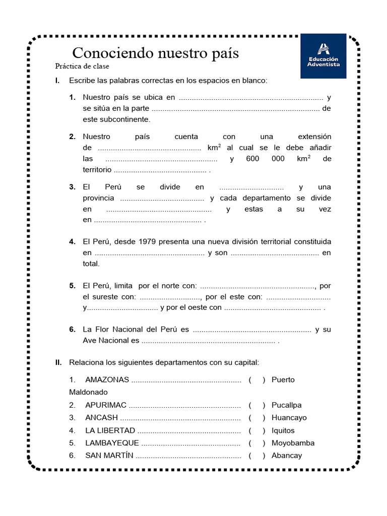 FICHA DE TRABAJO 01 - Conociendo Nuestro Paìs | PDF | Perú | América ...