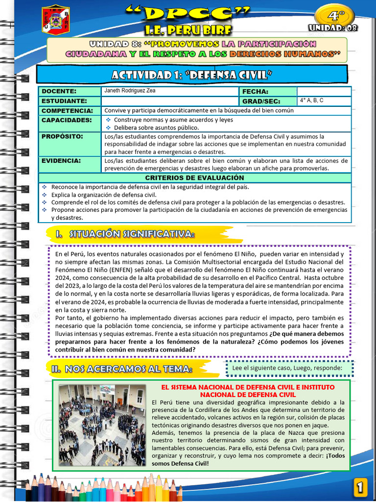 4° DPCC - Actv.01-Unid.8 2023 | PDF | Defensa Civil | Perú