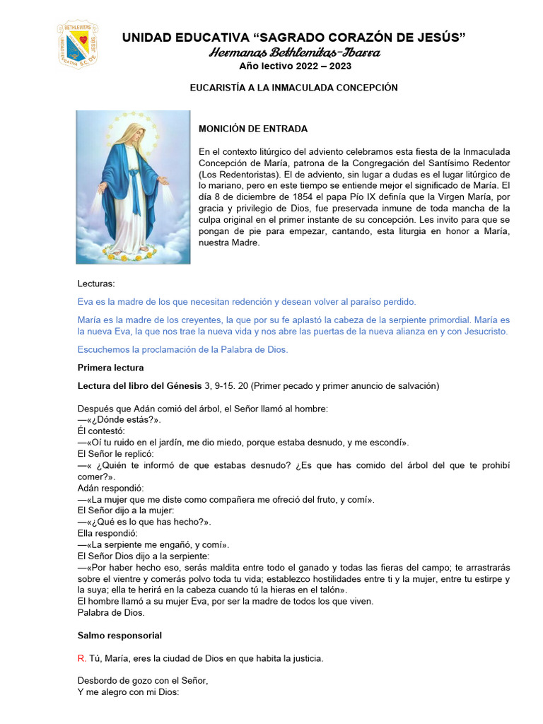 Eucaristía A La Inmaculada Concepcion | PDF | María, madre de Jesús