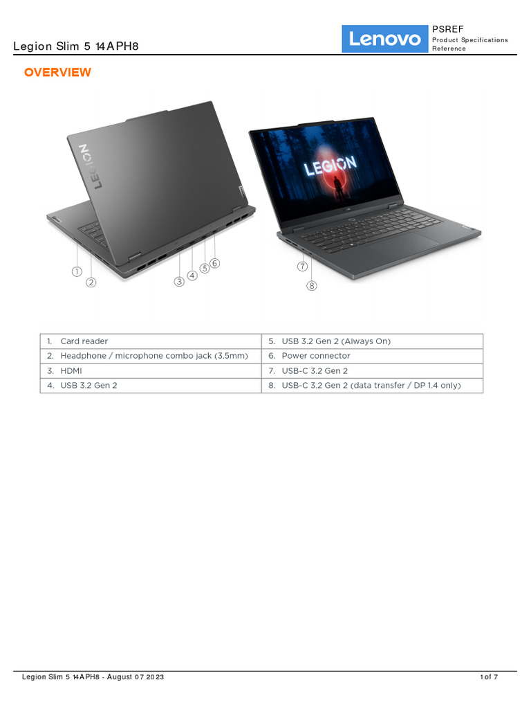 Legion Slim 5 14APH8 Spec | PDF | Usb | Graphics Processing Unit