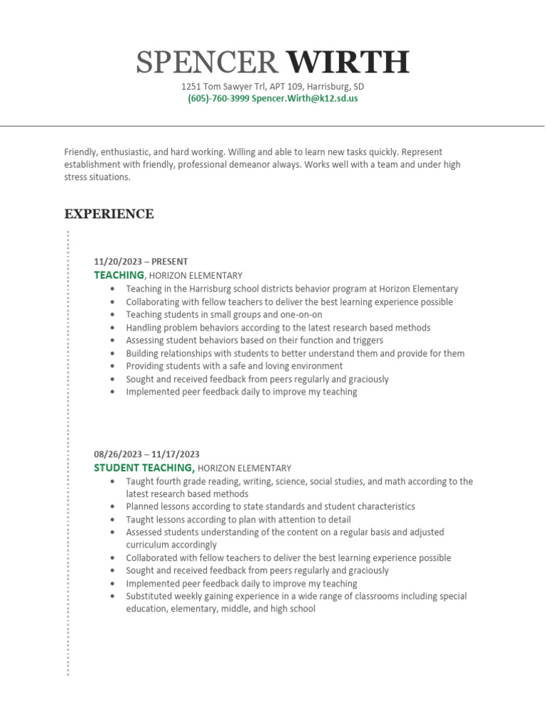 Spencer Wirth Resume | PDF | Teachers | Learning
