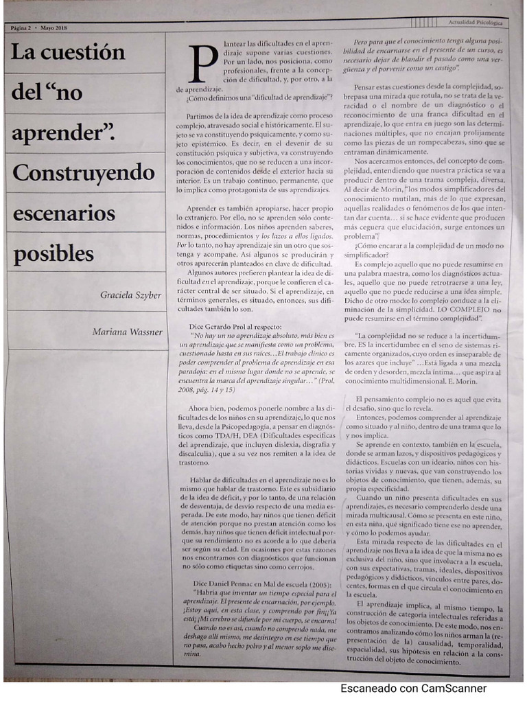 La Cuestión Del No Aprender. Construyendo Escenarios Posibles. Szyber y Wassner | PDF