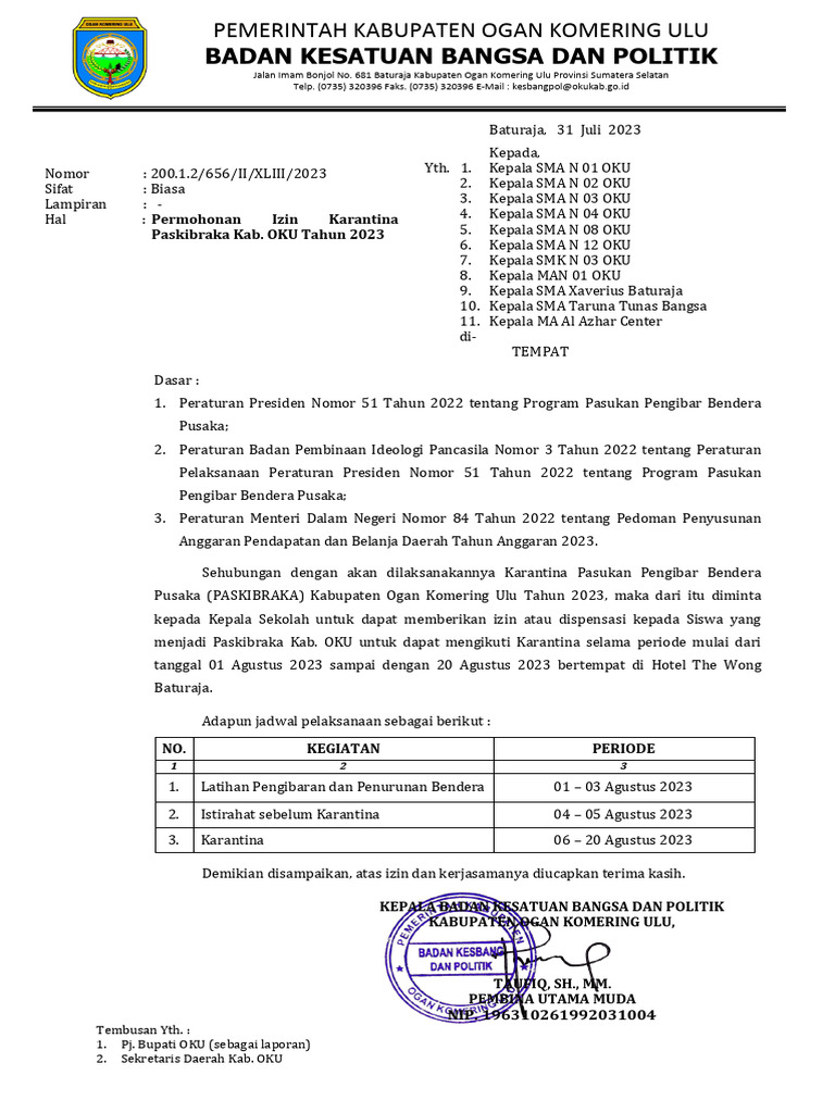 Surat Dispensasi Karantina Capaska Oku | PDF