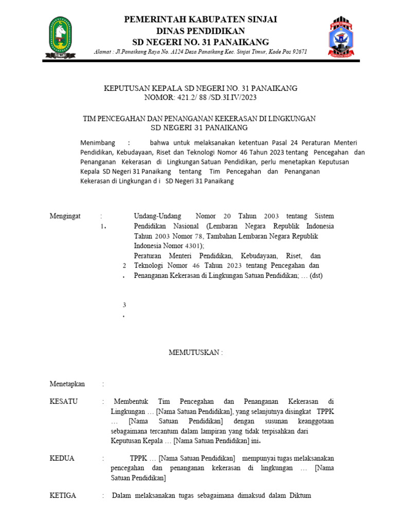 Lampiran 2 - Contoh SK Kepala Satuan Pendidikan Pembentukan TPPK | PDF ...