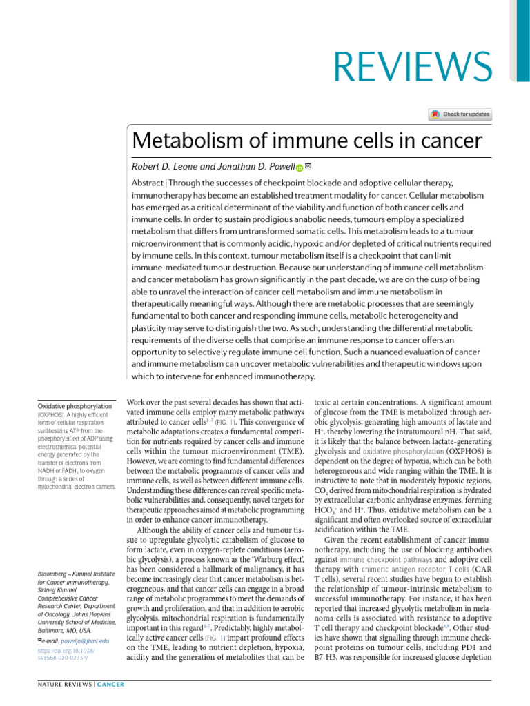 4-Metabolism of Immune Cells in Cancer 2020 | PDF | Metabolic Pathway ...