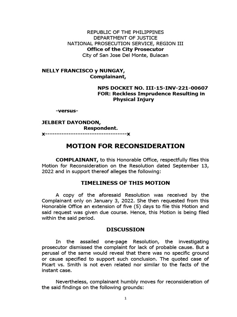 Motion For Reconsideration OCP Decision | PDF | Driving | Public Law