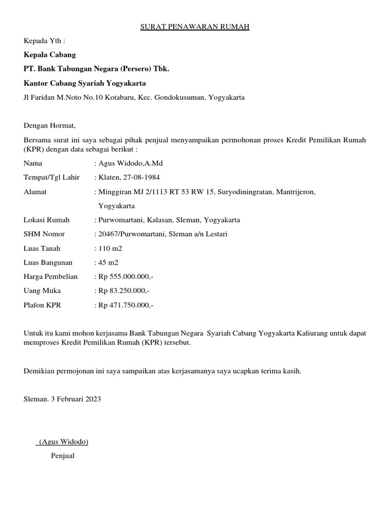 Surat Penawaran Rumah BTN | PDF | Bisnis | Pengelolaan Keuangan & Uang