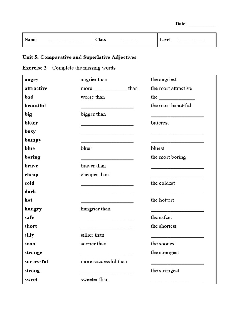Unit 5 Comparative and Superlative ADJ Practice | PDF | Linguistic Typology | Syntax