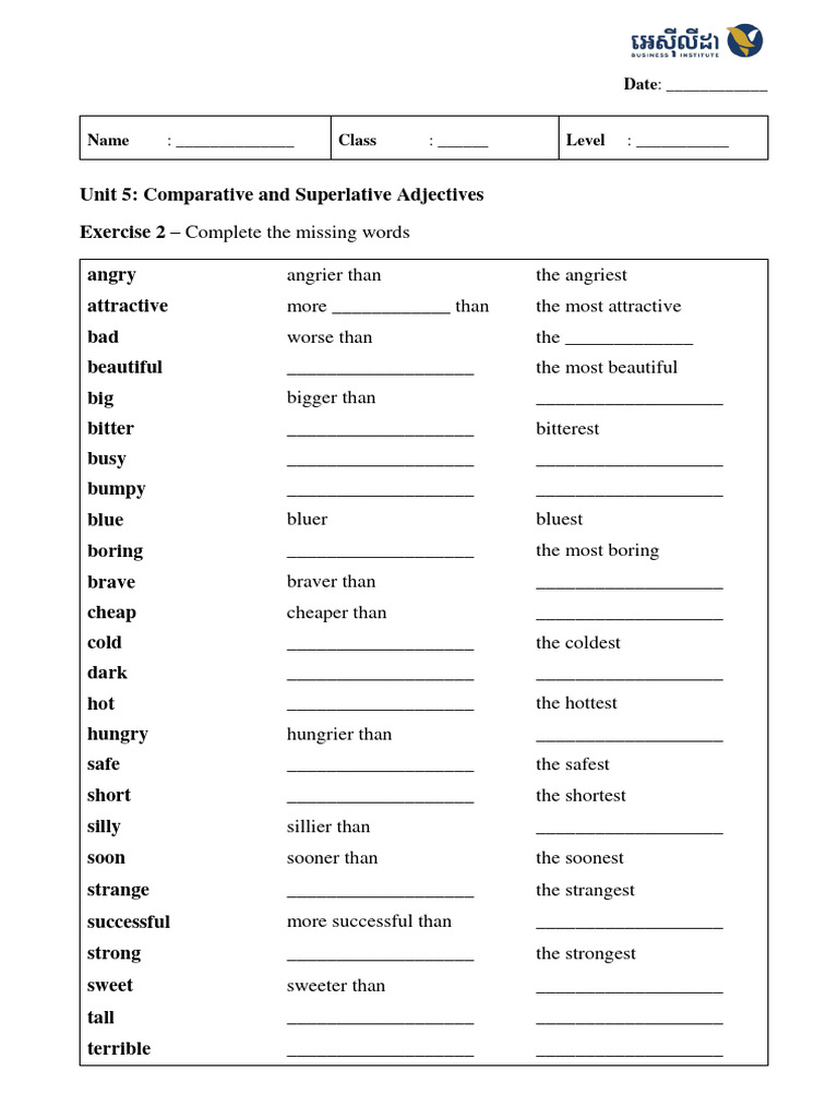 Unit 5 Comparative and Superlative ADJ Practice | PDF | Linguistic ...